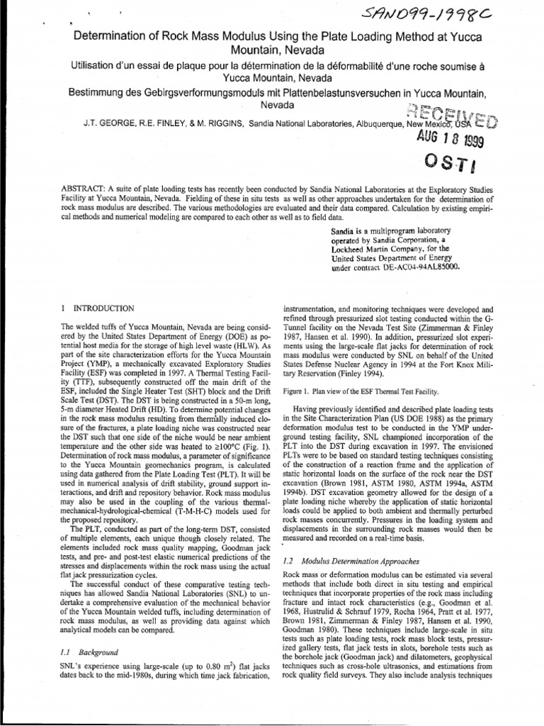 Determining Rock Mass Modulus Use Plate Loading Method | PDF