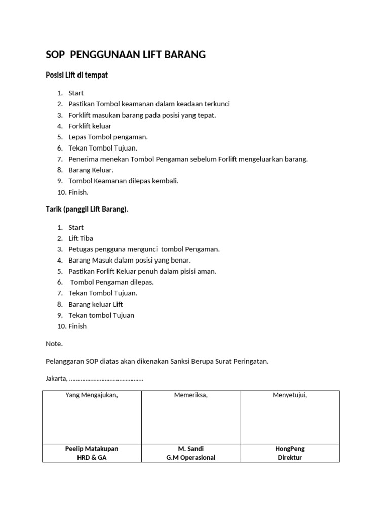 Sop Penggunaan Lift Barang (Ok) | PDF