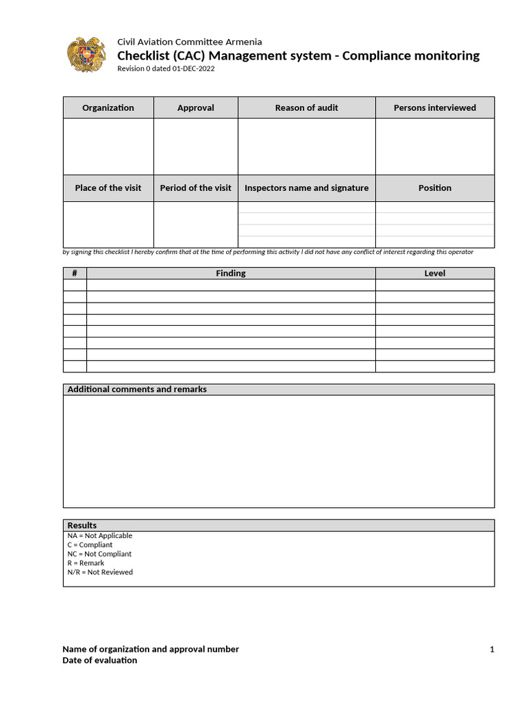 Checklist (CAC) Management system - Compliance Monitoring | PDF