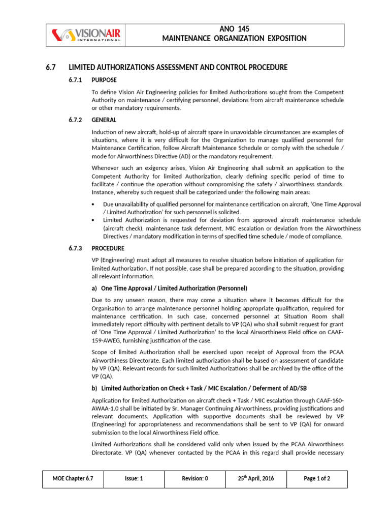 ANO 145 Maintenance Organization Exposition: 6.7.1 Purpose | PDF