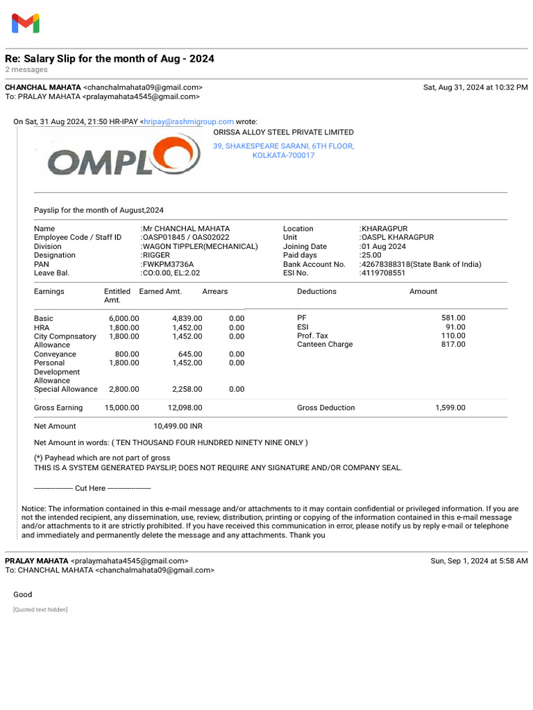 Gmail - Re - Salary Slip For The Month of Aug - 2024 | PDF