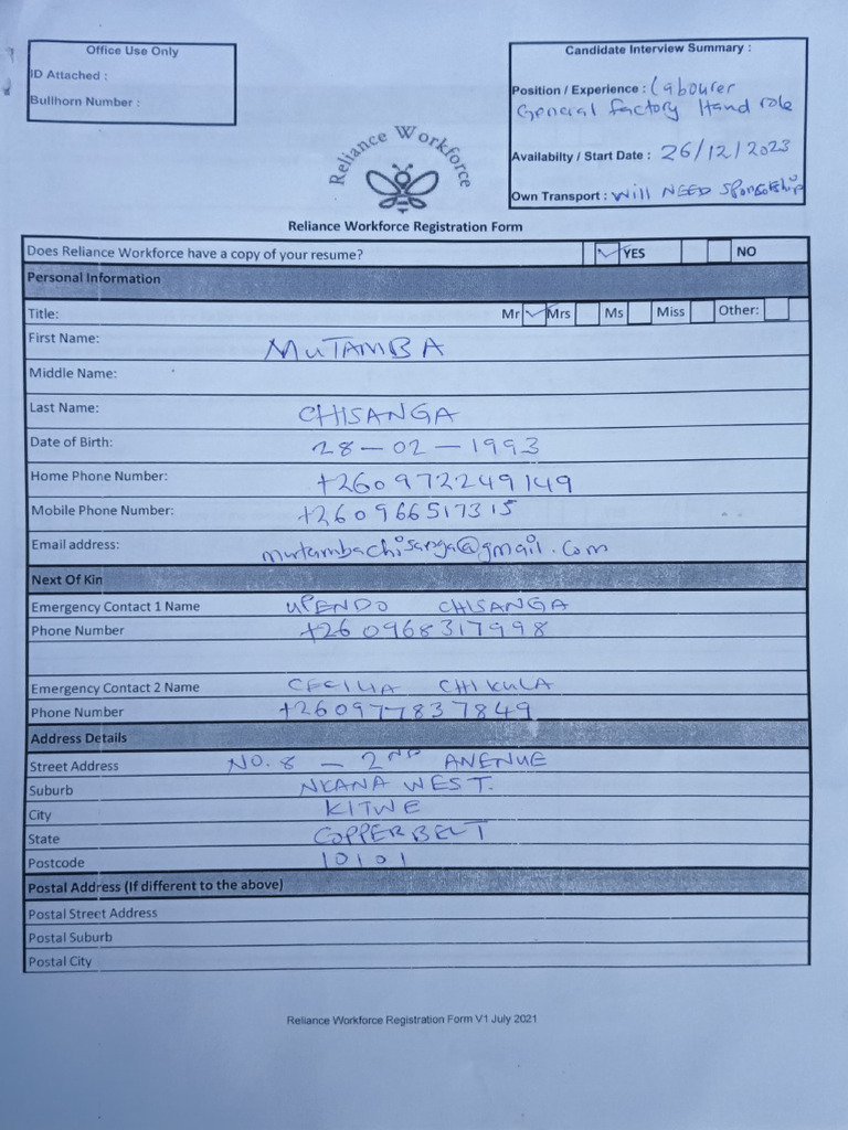 Reliance Workforce Registration Form | PDF | Labor