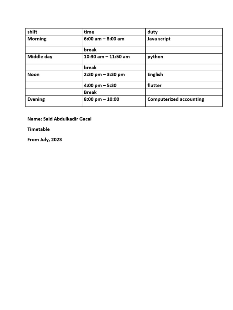 Timetable 1 | PDF