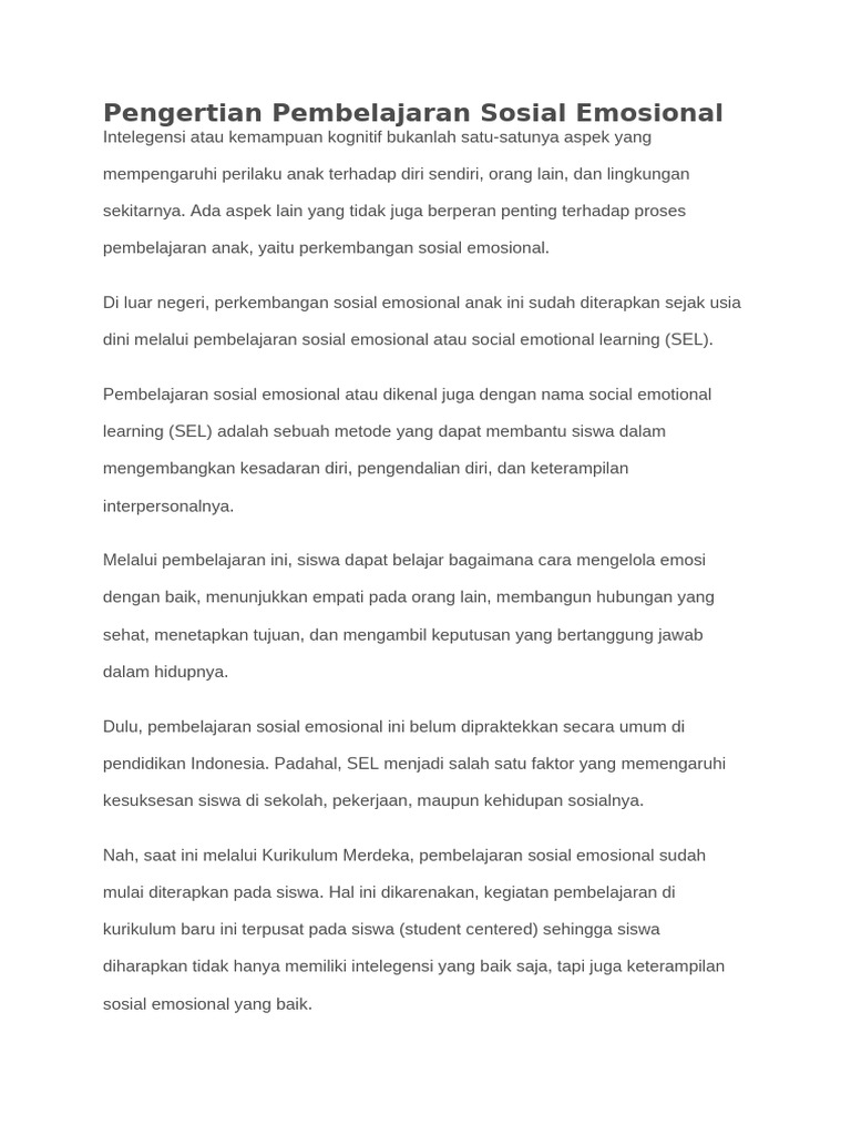 Pengertian Pembelajaran Sosial Emosional | PDF