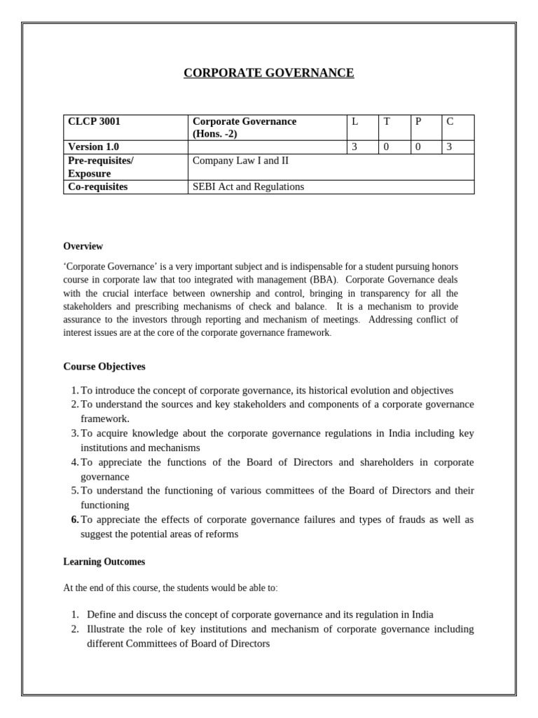 CORPORATE GOVERNANCE COURSE PLAN | PDF