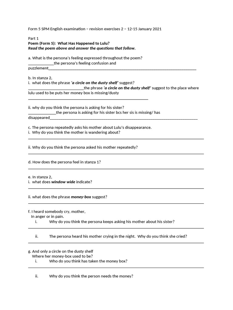 Form 5 SPM English Exam Revision Exercise 2 12-15 Jan 21 | PDF