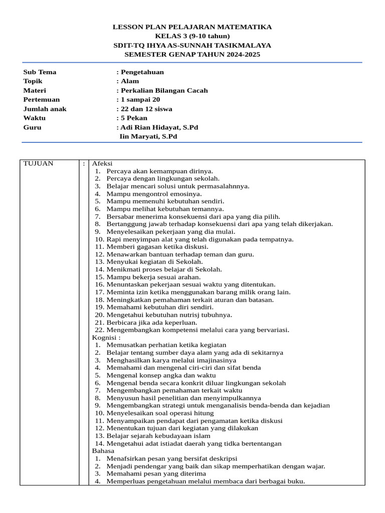 LESSON PLAN MATEMATIKA 3 - Pert 1-10 (Topik Alam) | PDF