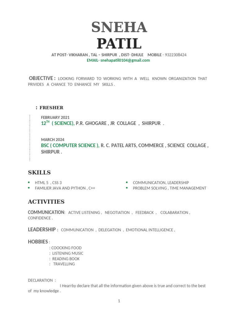 Sneha Patil 0104 Resume | PDF