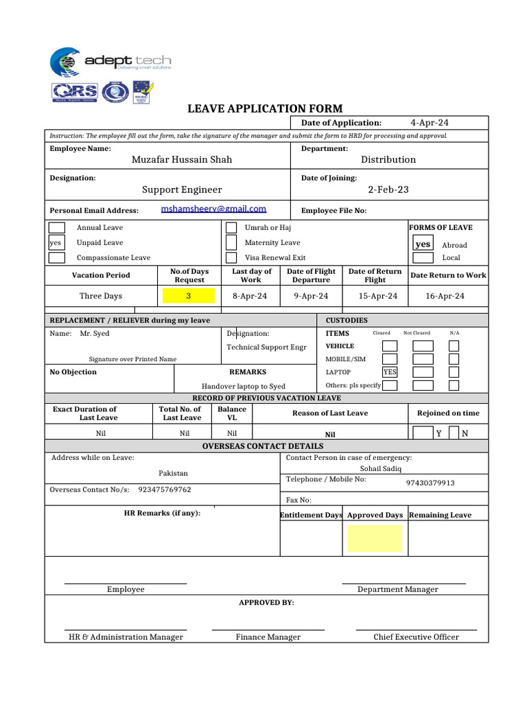 Muzafar Leave Application Form | PDF