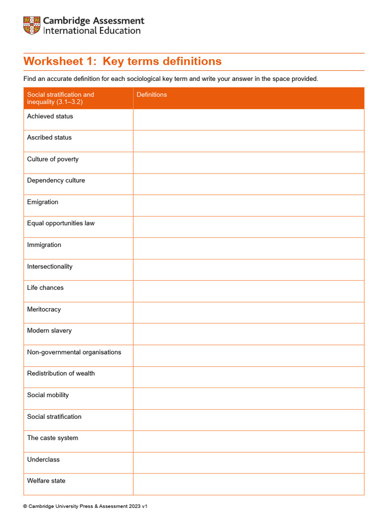 AO1 Worksheet 1 Key Terms Definitions | PDF