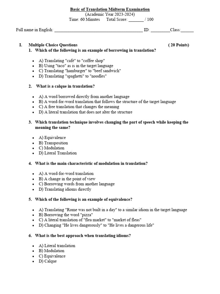 Midterm Exam for BAsic of trnalsation 2024 | PDF