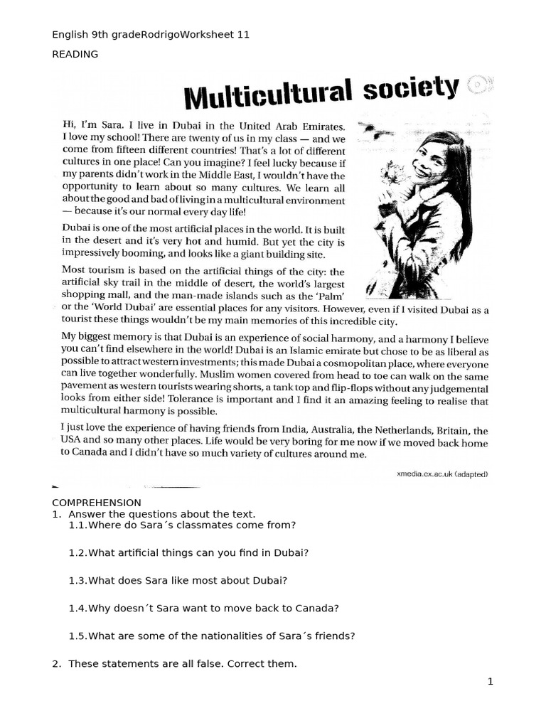 Multiculturalism - Worksheet 1 | PDF | Language Arts & Discipline ...