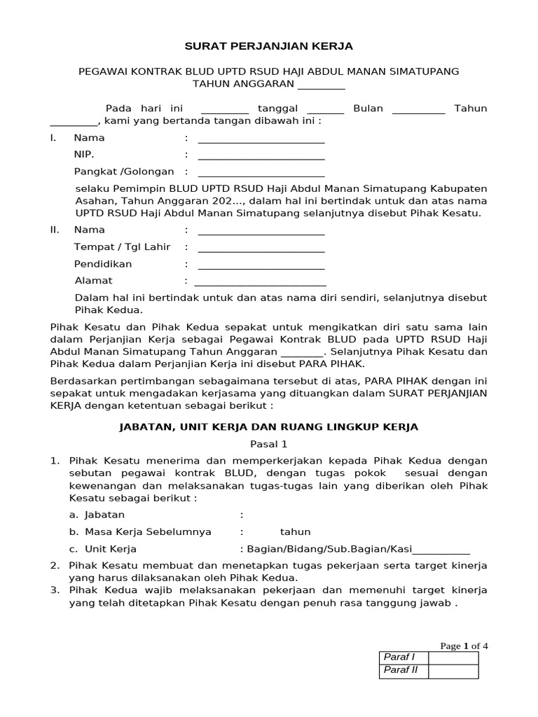 Contoh-Surat-Perjanjian-Kerja Pegawai Blud - Lampiran | PDF