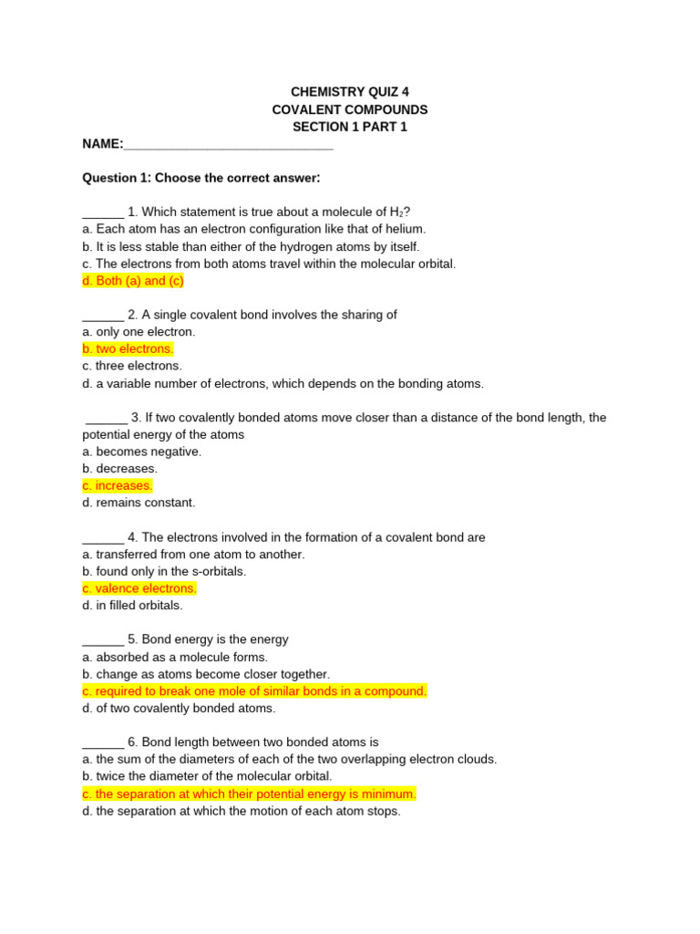 Answer Key of Covalent Compounds Quiz 1 | PDF