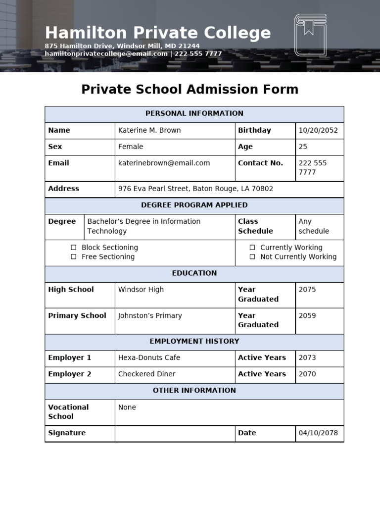 Private School Admission Form | PDF