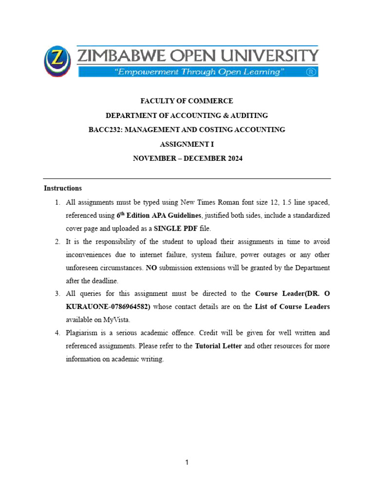 Bacc 232 Assignment 1-Nov-Dec 2024 | PDF