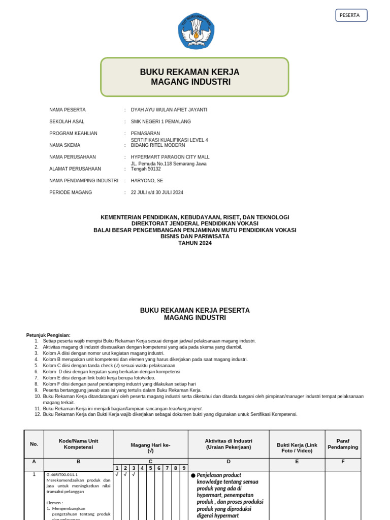 Buku Rekaman Magang Industri - Fix - Dyah Ayu Wulan Aj | PDF