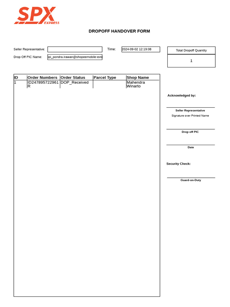 Drop Off Receipt | PDF