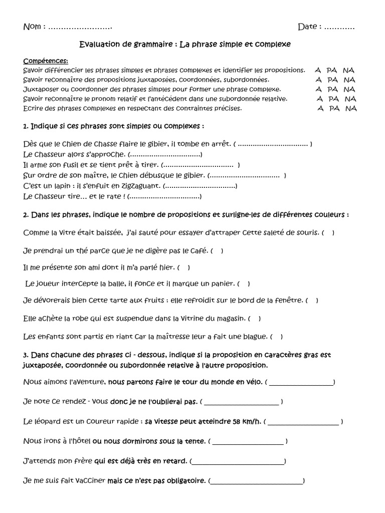 Evaluation Phrase Simples Et Complexes | PDF