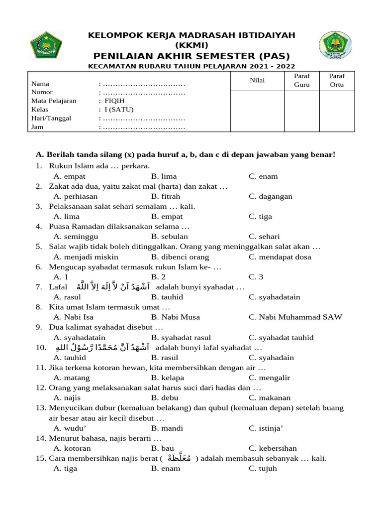 Soal Pas Kls 1 Fiqih 21-22 | PDF