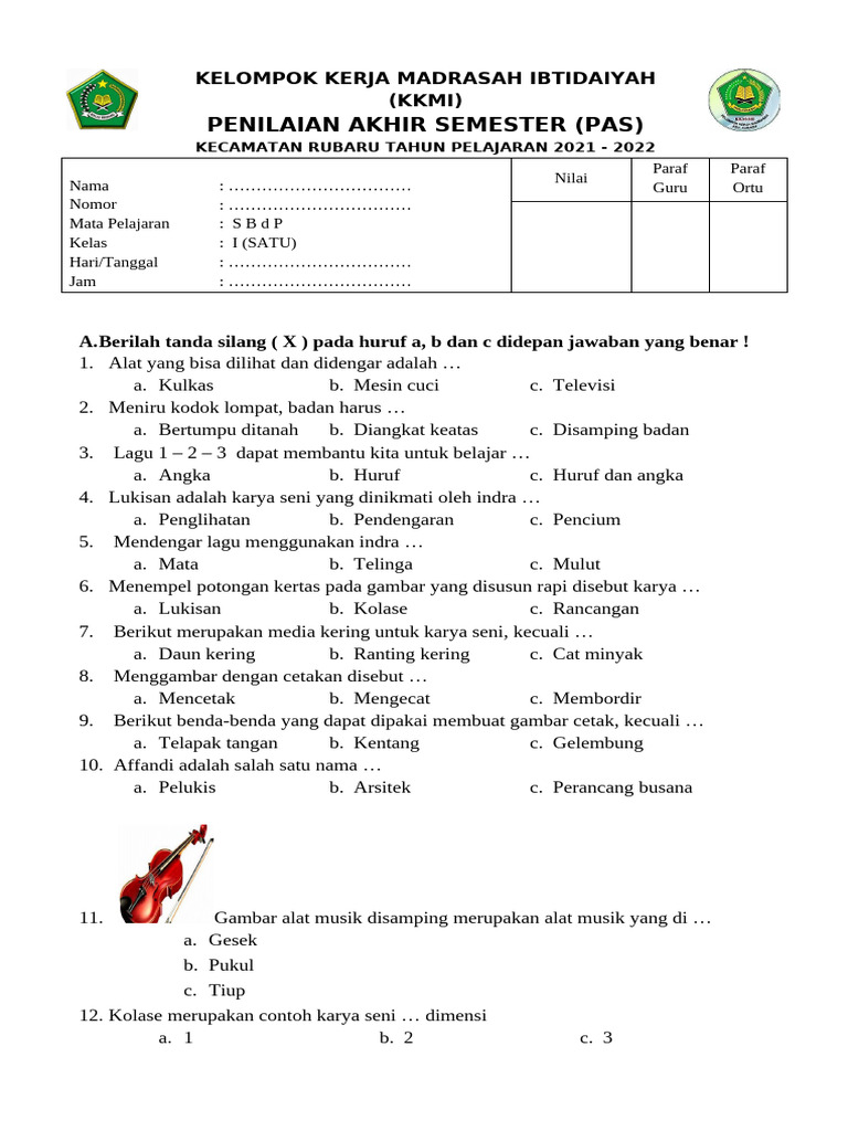 Soal Pas Kls 1 SBDP 21-22 | PDF