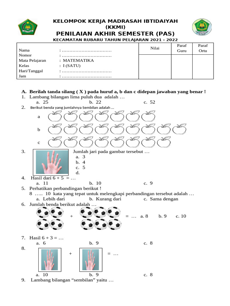 Soal Pas Kls 1 Matematika 21-22 | PDF