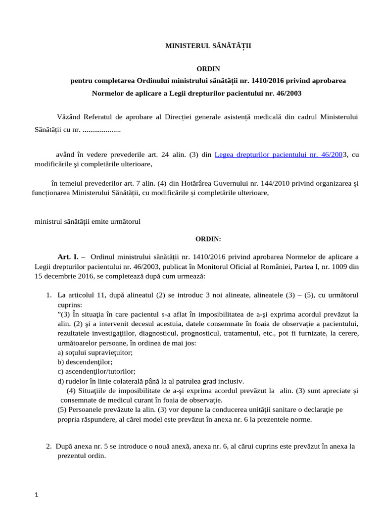 Ordin de Modificare A 1410 Din 2016 Drepturile Pacientului 15.03 | PDF