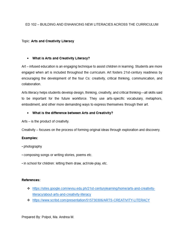 Ed 102 Arts and Creativity Literacy Handout | PDF