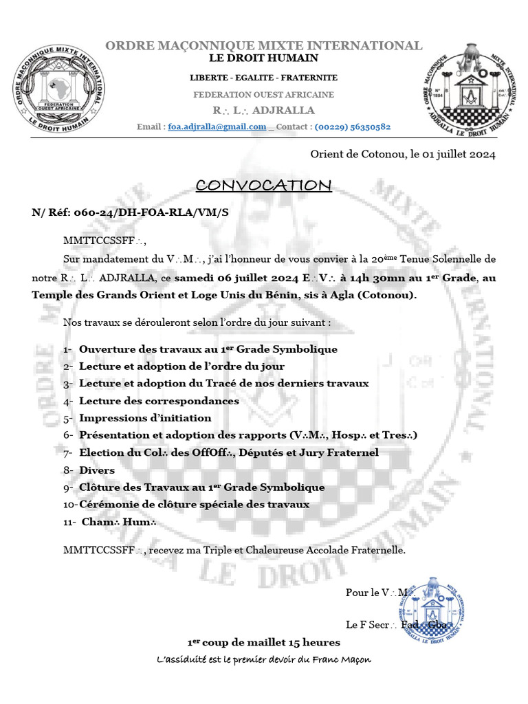 Convocation - Tenue - Solennelle Du 06 Juillet 2024-1er Grade | PDF