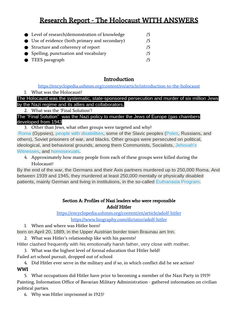 Research Report - The Holocaust WITH ANSWERS | PDF