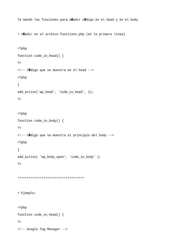 Añadir Codigo en El Head y en El Body Etiqueta Function Tema Hijo | PDF