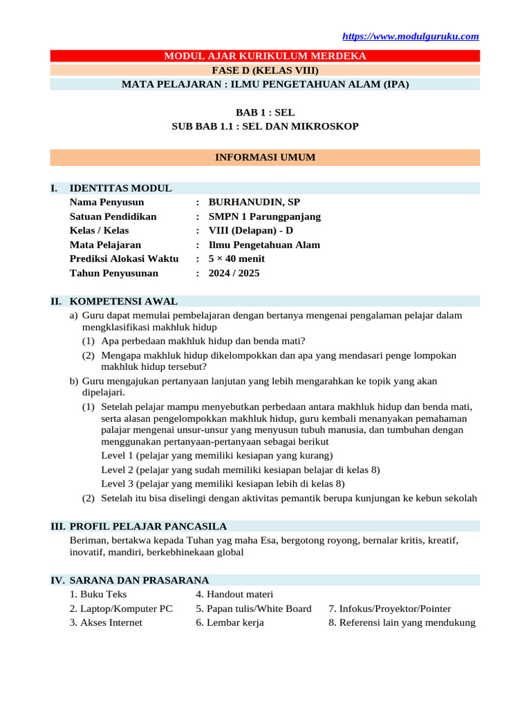 Modul IPA Kelas VIII: Sel dan Mikroskop | PDF