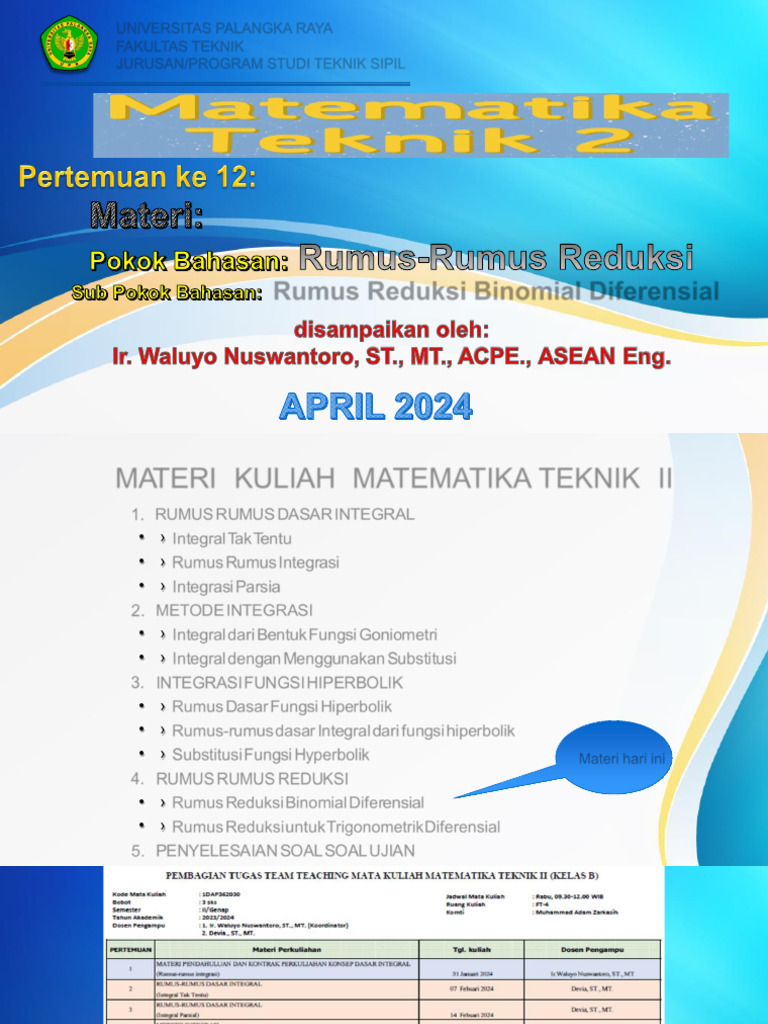 Pertemuan 12 - Matematika Teknik II Rumus Reduksi Binomial Diferensial ...