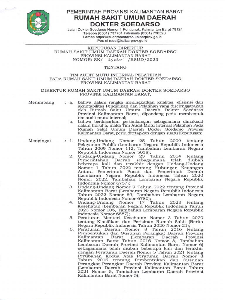 SK Tim Audit Mutu Internal Pelatihan Rsud Dr. Soedarso 2023 | PDF