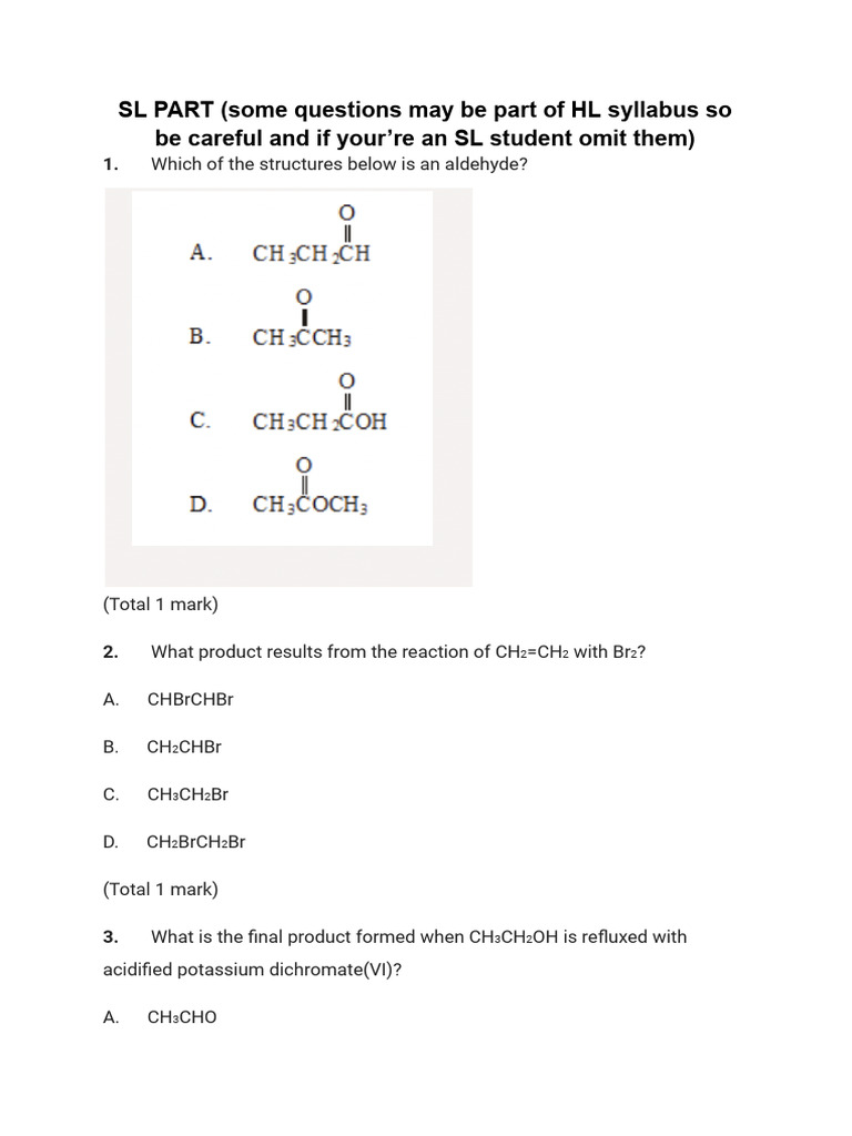 Organic Chemistry - Past Paper Questions SL and HL | PDF