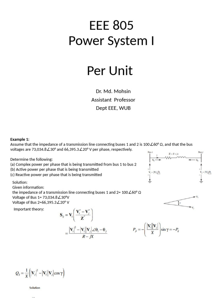 EEE 805 Power System I Per Unit: Dr. Md. Mohsin Assistant Professor ...
