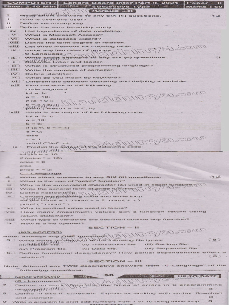 Past Papers 2021 Lahore Board Inter Part 2 Computer Science Group I Subjective Both Medium | PDF