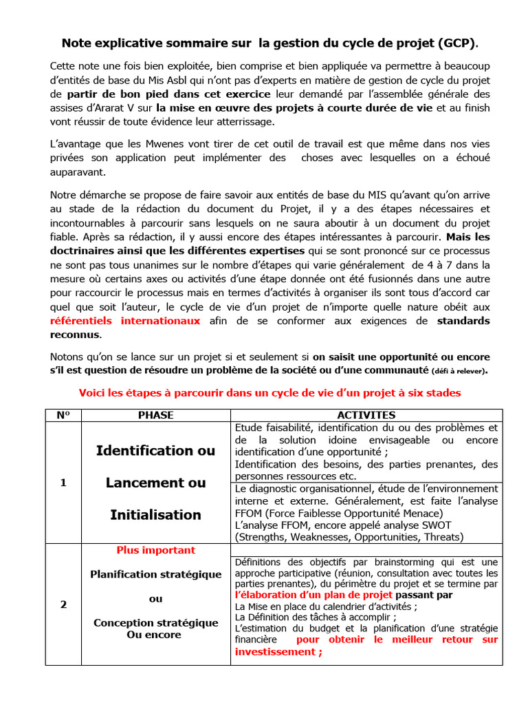 2 Note Explicative Sur La Gestion de Cycle de Projet (GCP) | PDF