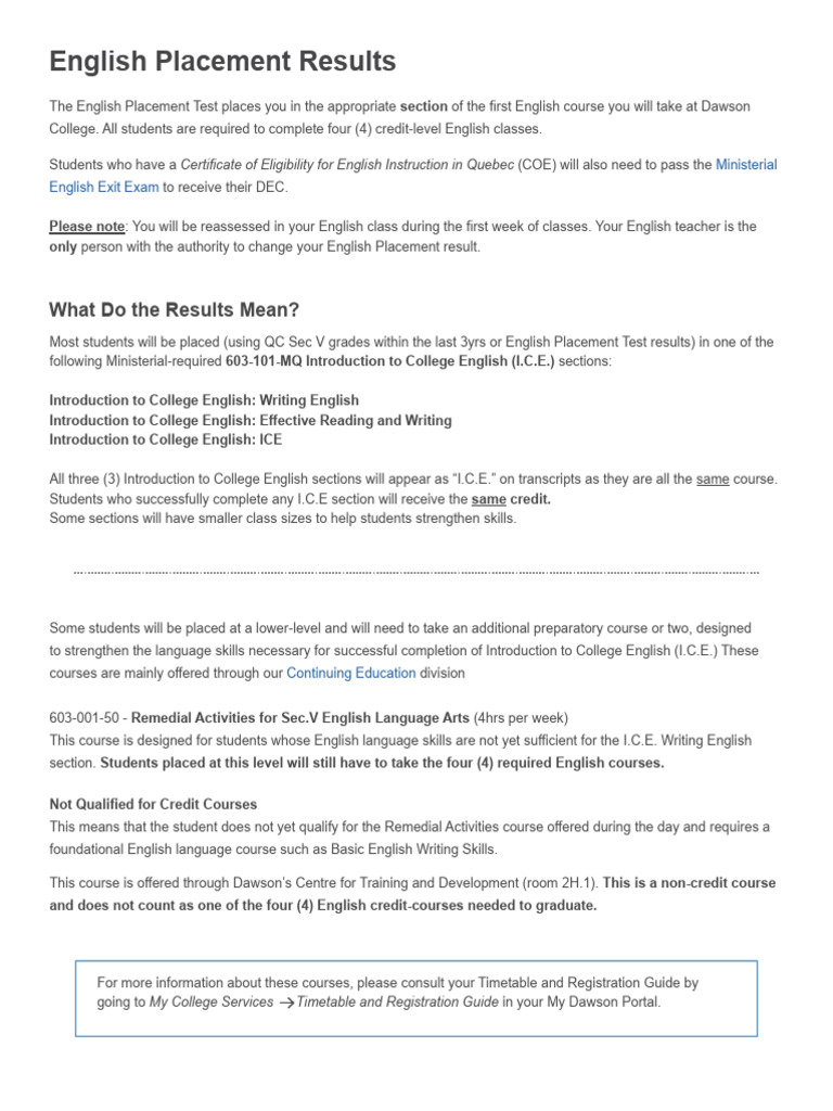 English Placement Results | PDF | Career & Growth