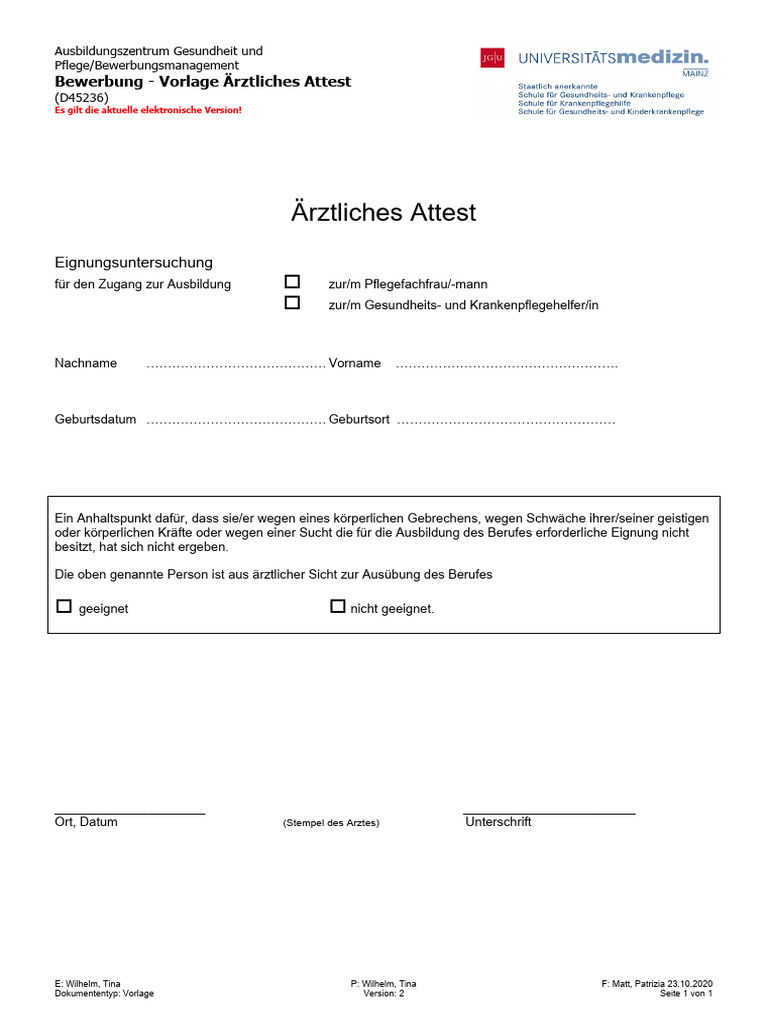 Bewerbung Vorlage Aerztliches Attest | PDF