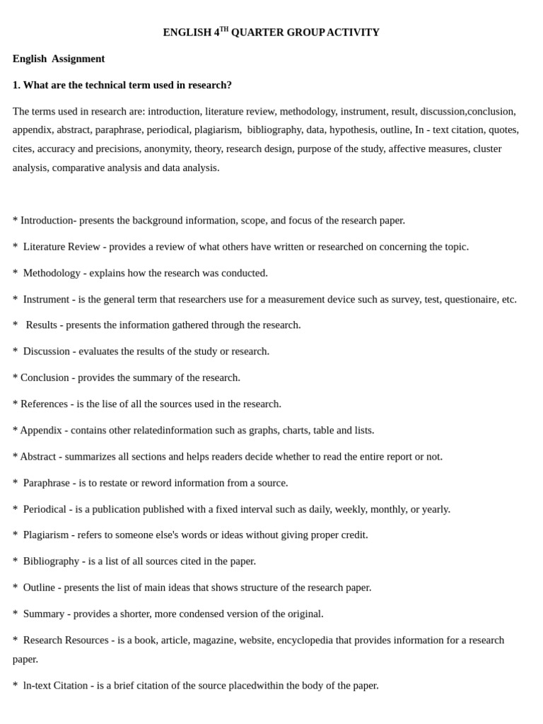 ENGLISH 4TH QUARTER GROUP ACTIVITY Research | PDF