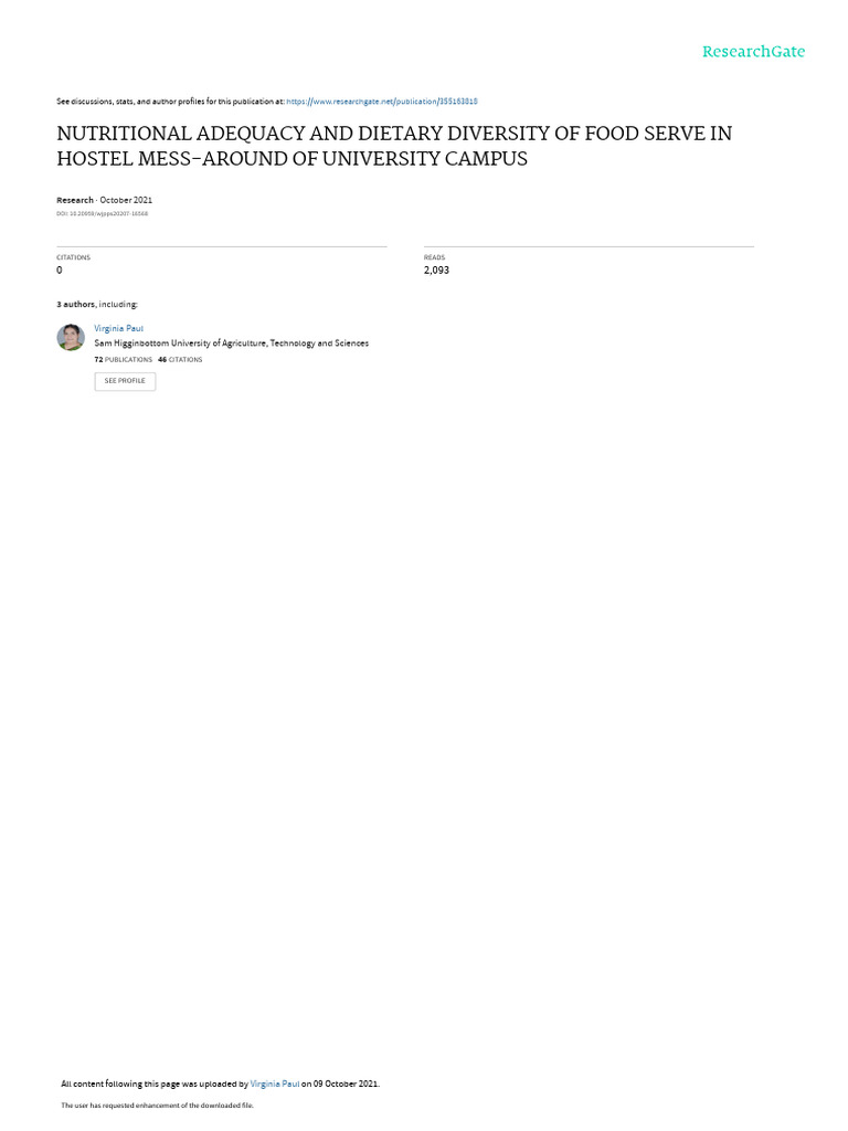 Nutritional Adequacy and Dietary Diversity of Food Serve in Hostel Mess ...