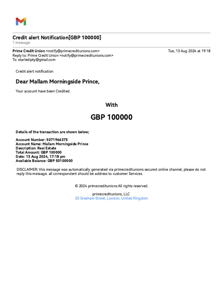 Gmail - Credit Alert Notification (GBP 100000) | PDF