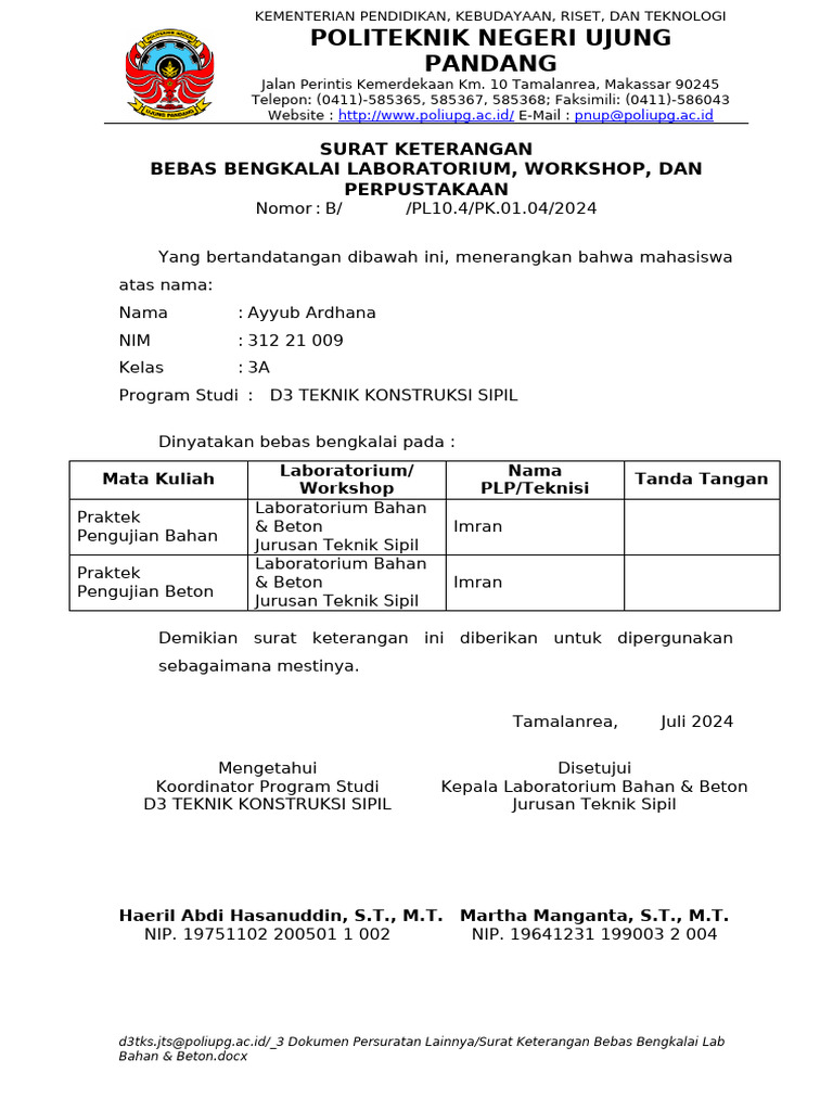 Surat Keterangan Bebas Bengkalai Lab Bahan & Beton7 | PDF