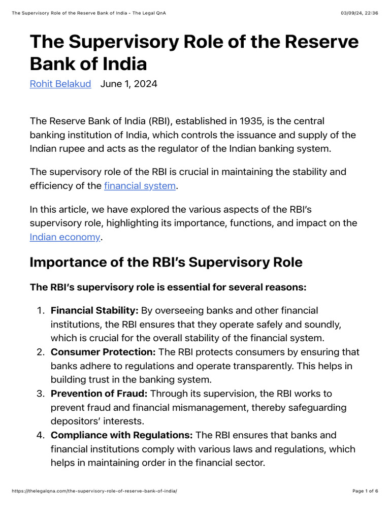 The Supervisory Role of The Reserve Bank of India - The Legal QnA | PDF