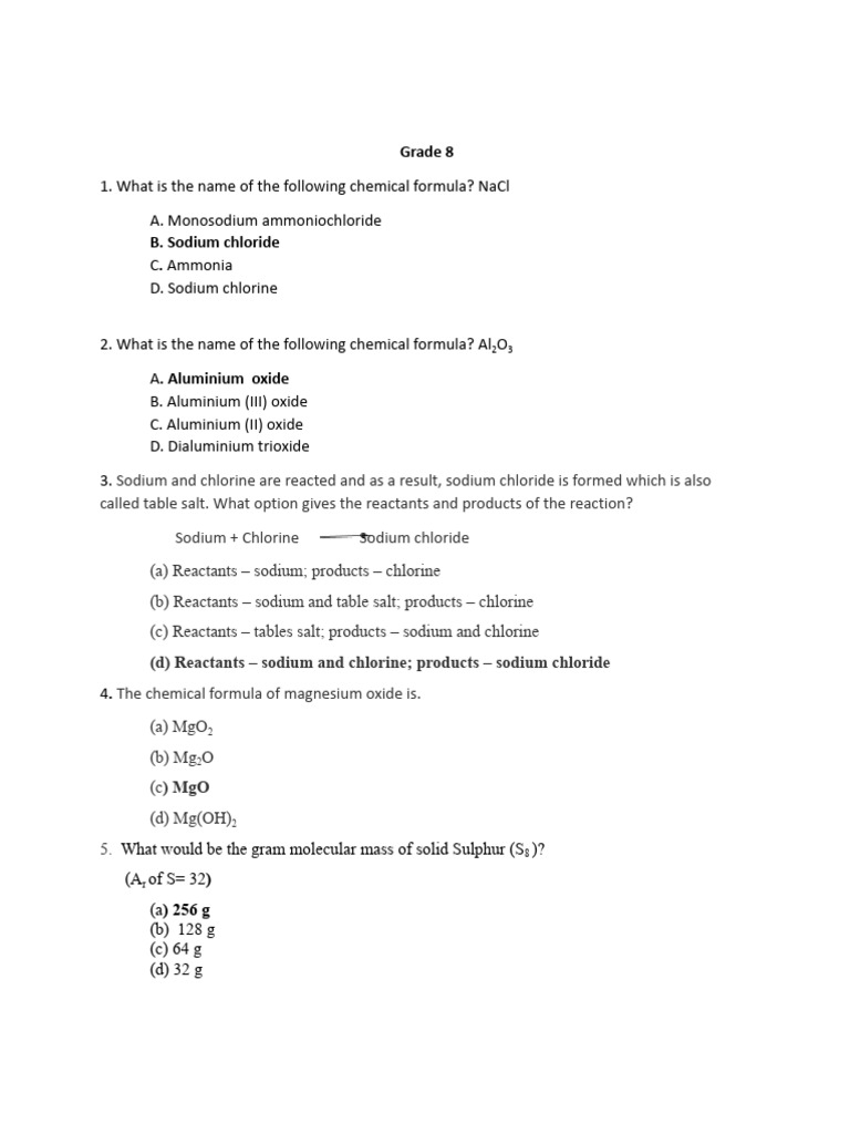 Chemistry Main Test Grade 8 | PDF
