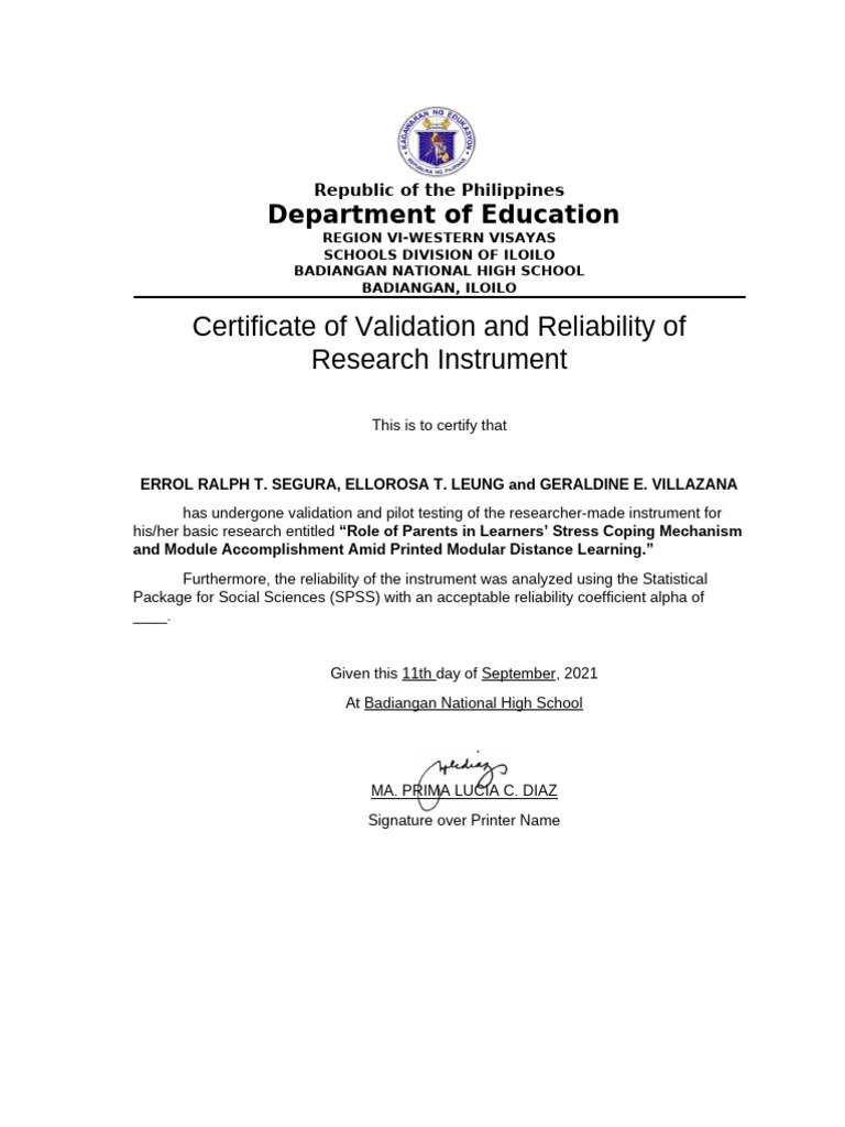 Annex 4 - 1certificate of Validation and Reliability of Research ...