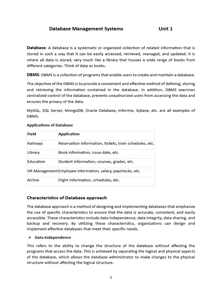 DBMS - Unit 1 | PDF