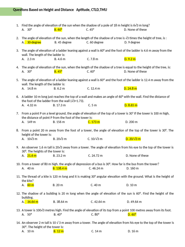 Height and Distance Worksheet Tmu | PDF | Shadow | Teaching Methods ...