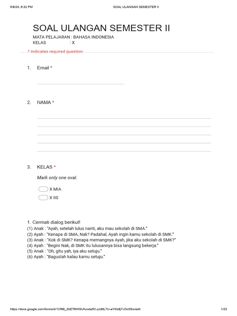 Soal Kelas x Semester II (2023 ) - Google Forms | PDF
